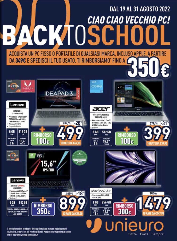 Back to School Unieuro 2022, c'è la rottamazione PC: entro il 31 agosto ...
